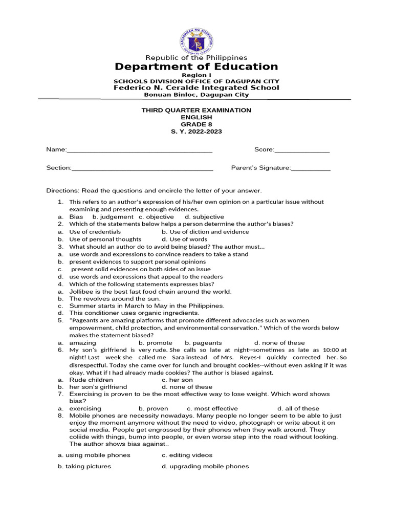 FNCIS_3rd-QUARTER_EXAM_ENGLISH_8 (Autosaved) | PDF | Propaganda | Krishna