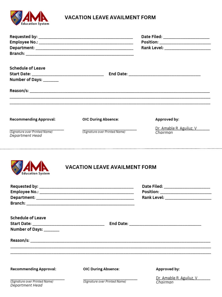 Vacation Leave Availment Form (1) | PDF