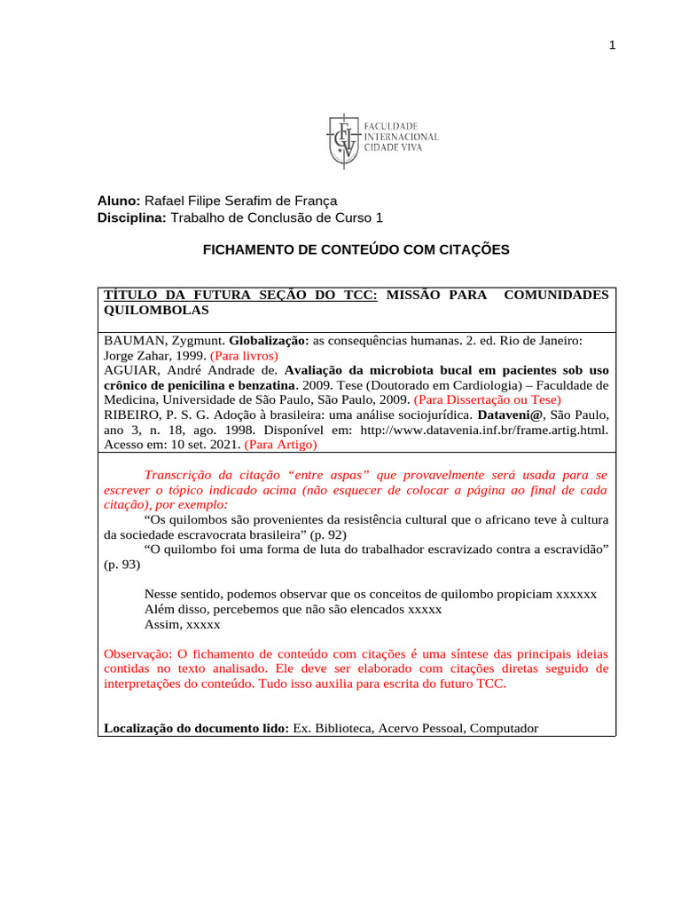 MODELO DE FICHAMENTO FICV | PDF