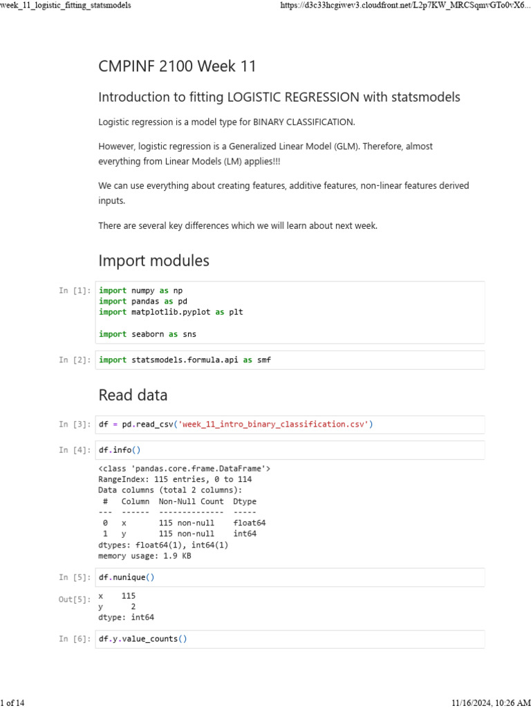 Week 11 Logistic Fitting Statsmodels | PDF | Linear Regression | Logistic Regression