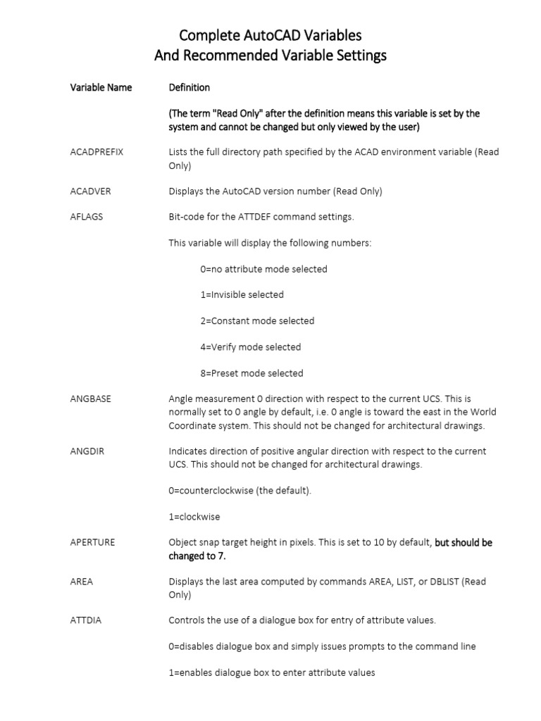 Complete AutoCAD Variables | PDF | Engineering Tolerance | Angle