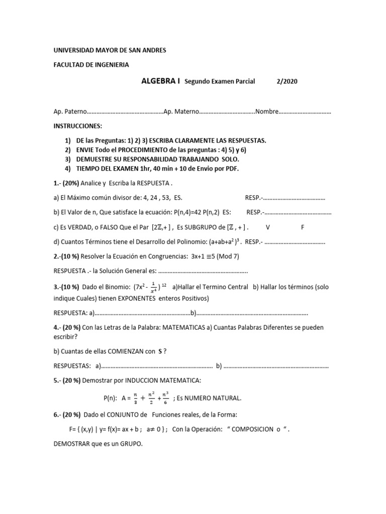 2do Parcial ALGEBRA | PDF