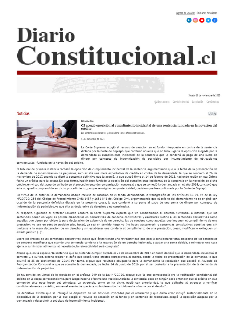 CS Acogió Oposición Al Cumplimiento Incidental de Una Sentencia Fundada ...