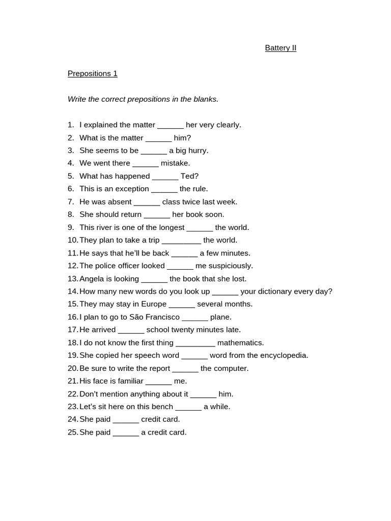 Prepositions Exercise Worksheet | PDF