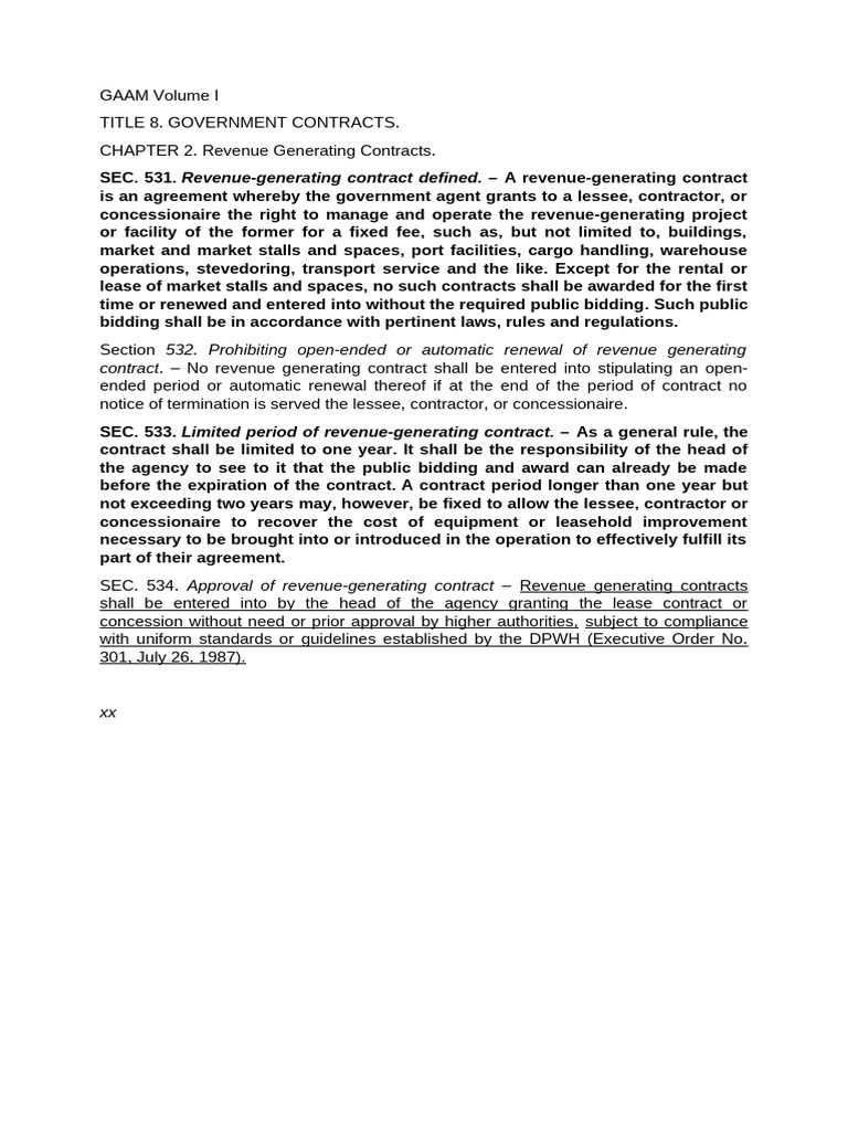 GAAM Volume I. Title 8. Chapter 2. Revenue Generating Contracts | PDF