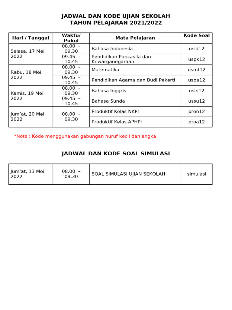 Jadwal Dan Kode Ujian Sekolah | PDF
