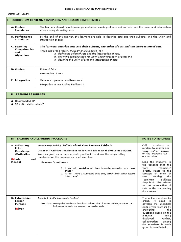 LESSON EXEMPLAR IN MATHEMATICS 7 Matatag Final Sample | PDF | Learning ...