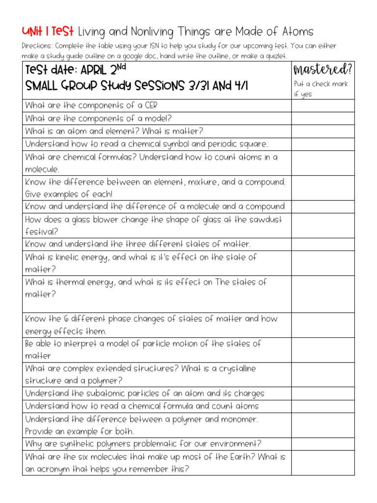 Unit 1 Test Study Guide: Atoms & Matter | PDF