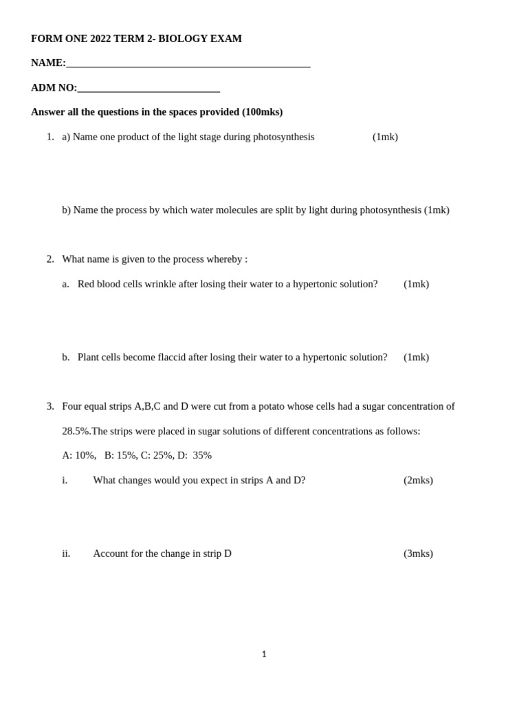 Biology Form 1 Term 1 | PDF | Enzyme | Photosynthesis
