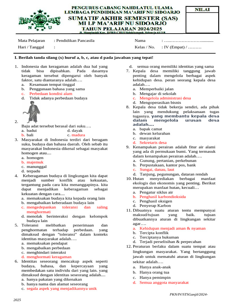 SOAL PKN SAS Kelas 4 2024 - 2025 | PDF
