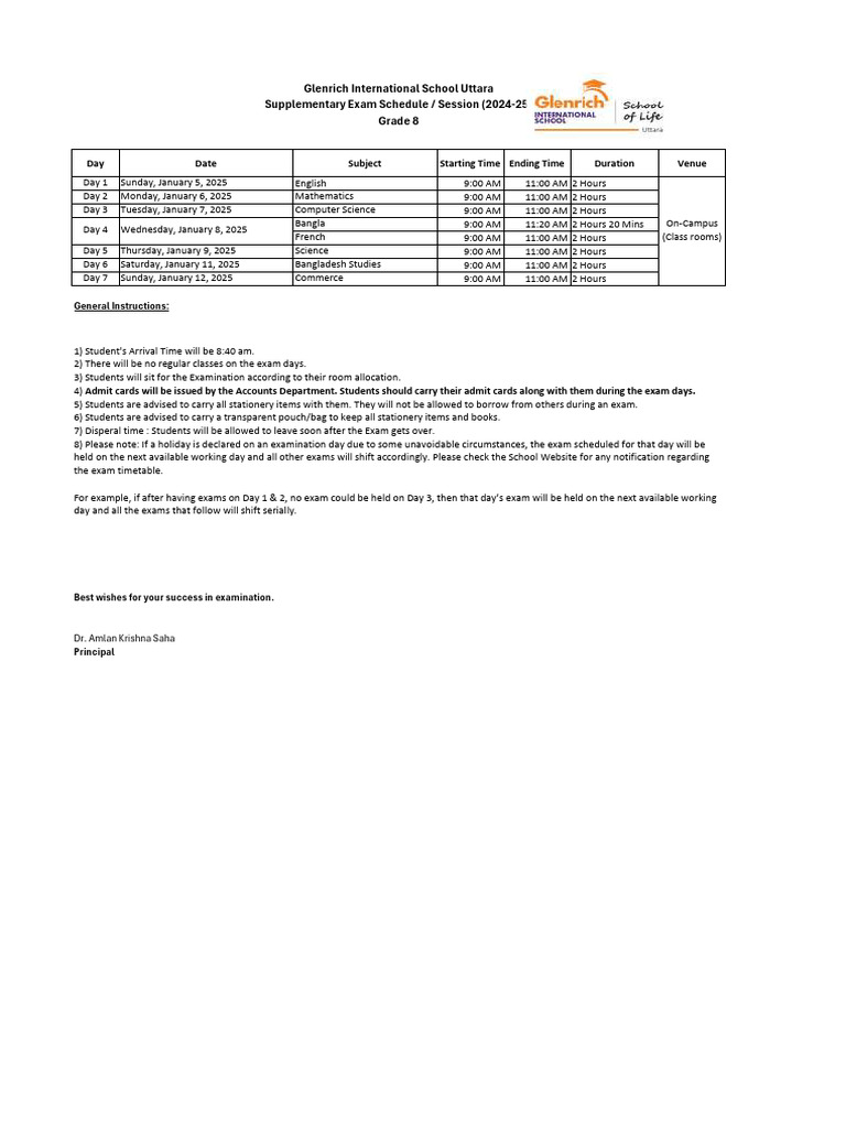 Grade 8 Supplementary Exam Schedule 2025 | PDF