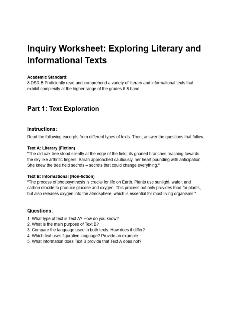 8th Inquiry Worksheet - Exploring Literary and Informational Texts | PDF