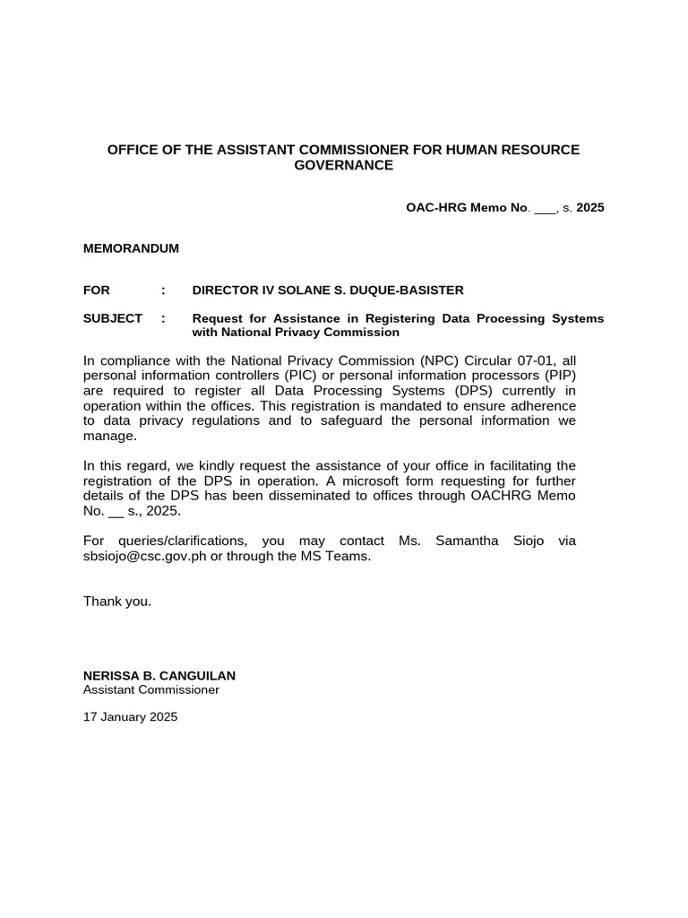 Draft Memo to ICTO_Registration of DPS | PDF