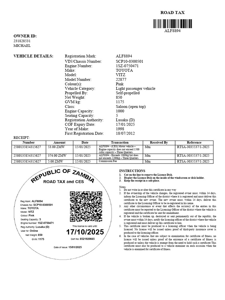 RTSA-3035537 1-2025 Certificate | PDF | Motor Vehicle | Transport