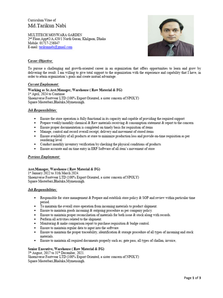 CV Md.tarikun Nabi | PDF | Warehouse | Inventory