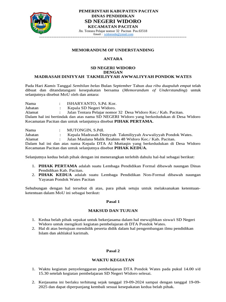 MoU SDN Widoro dan DTA Pondok Wates | PDF