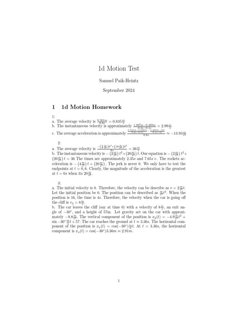 1d_Motion_Test | PDF | Acceleration | Velocity