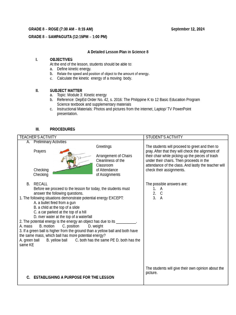 Grade 8 Science Lesson on Kinetic Energy | PDF | Mass | Kinetic Energy
