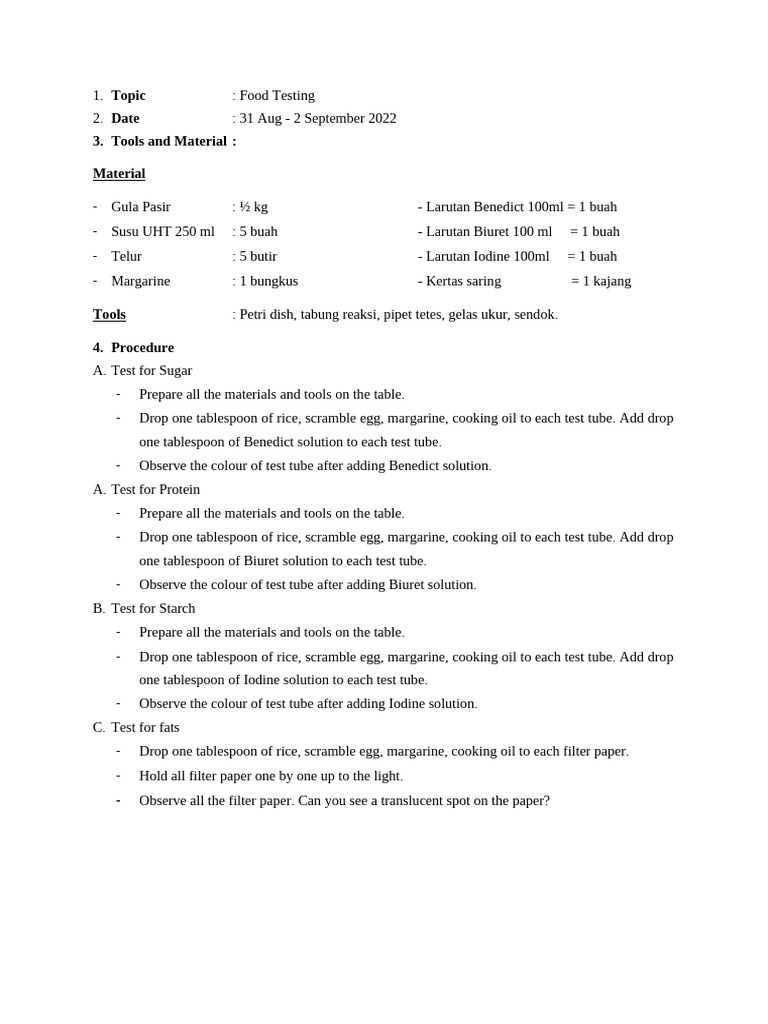 EKSPERIMEN 1 Food Testing | PDF