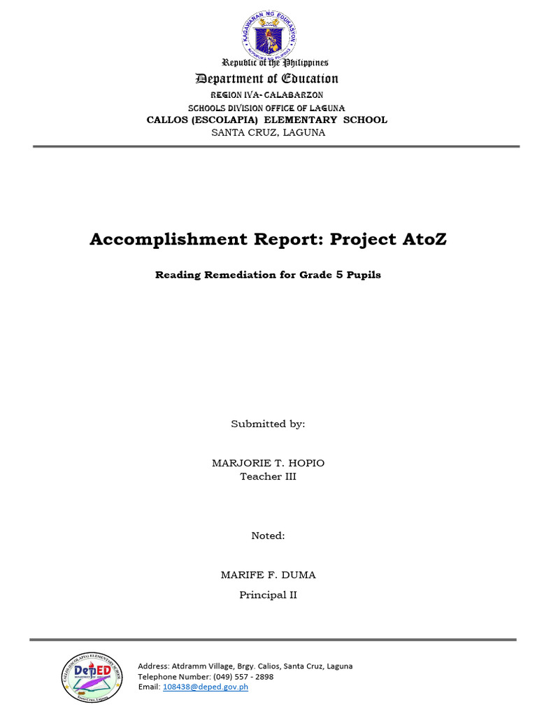 ATOZ ACCOMPLISHMENT REPORT 2023-2024 | PDF | Phonics | Reading Comprehension