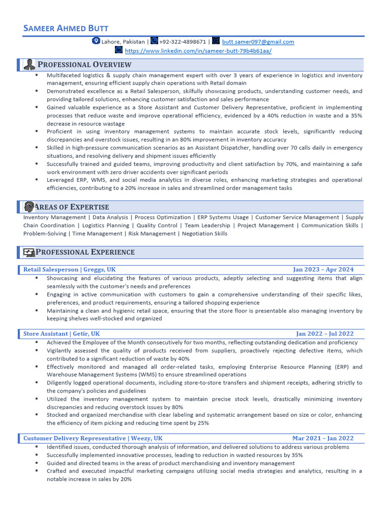 Sameer-Ahmed Butt CV | PDF | Logistics | Inventory