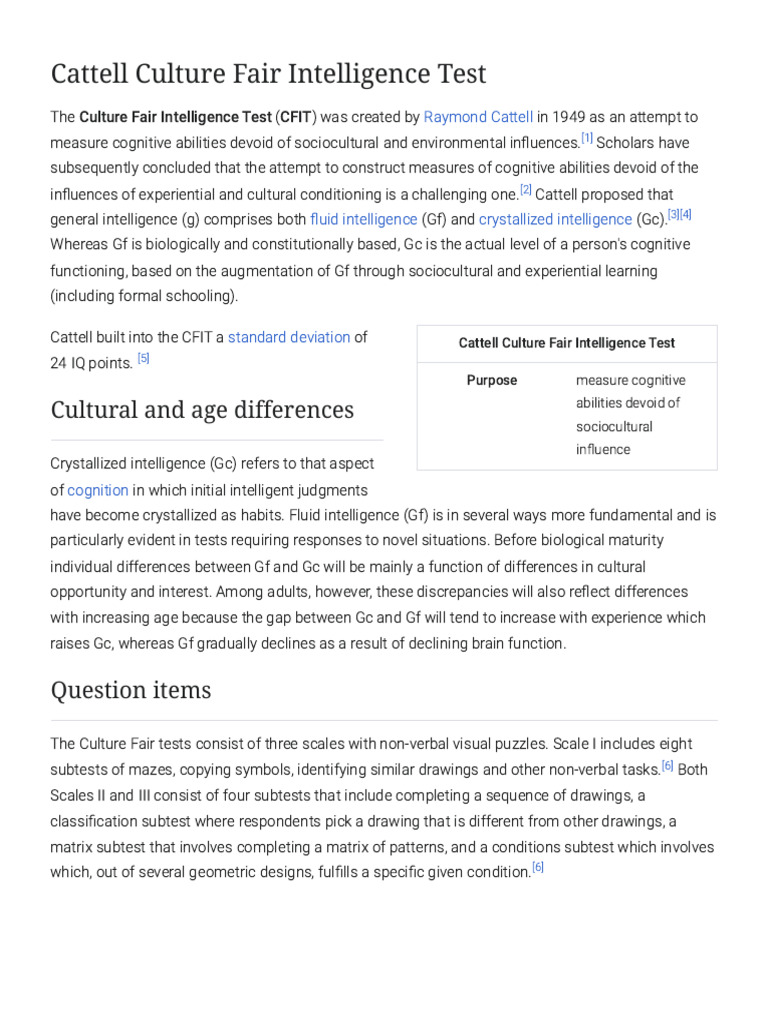 Cattell Culture Fair IQ Test Overview | PDF | Intelligence Quotient ...
