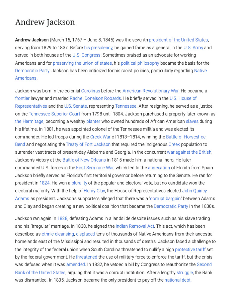 Andrew Jackson - Wikipedia | PDF | Andrew Jackson | Muscogee