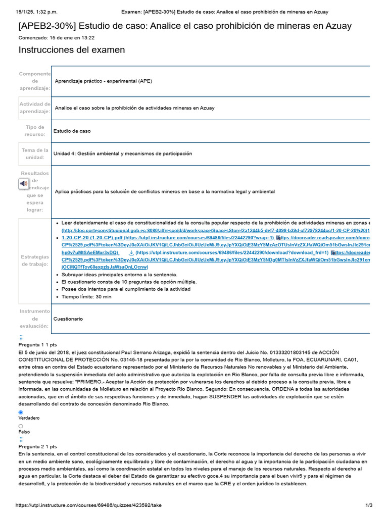 Examen - (APEB2-30%) Estudio de Caso - Analice El Caso Prohibición de Mineras en Azuay | PDF ...