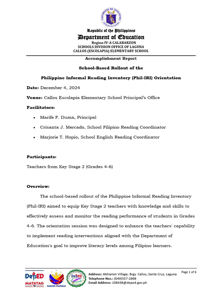 PHIL-IRI ORIENTATION OF KS2 ORIENTATION 24-25 | PDF | Pedagogy ...