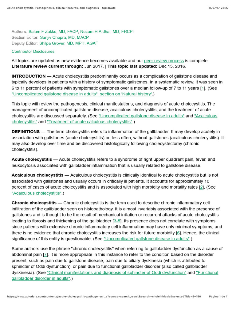 Acute cholecystitis: Pathogenesis, clinical features, and diagnosis ...