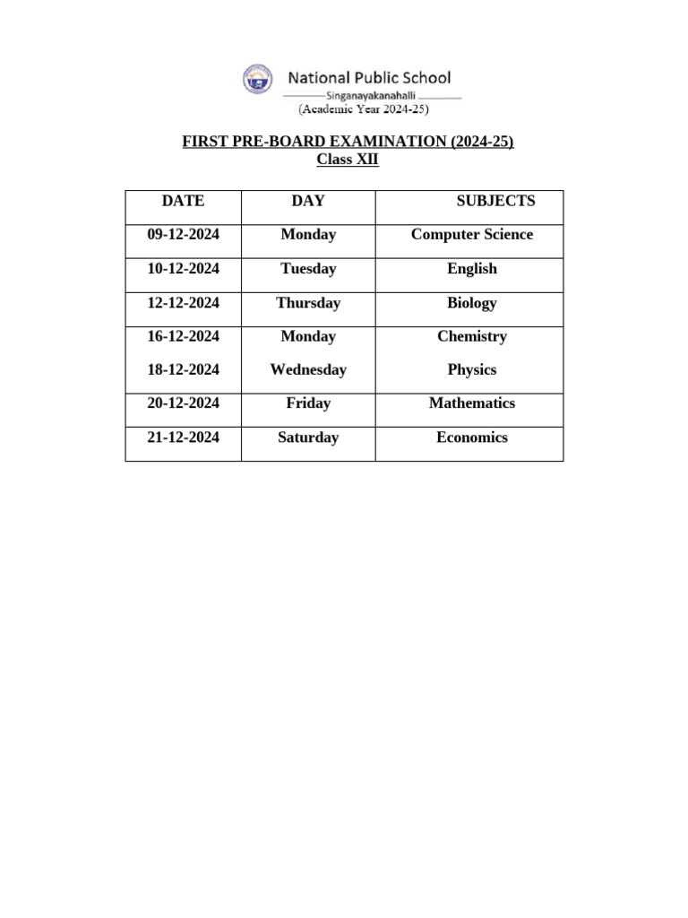 G-12 First Preboard Exam Timetable 2024-25 | PDF