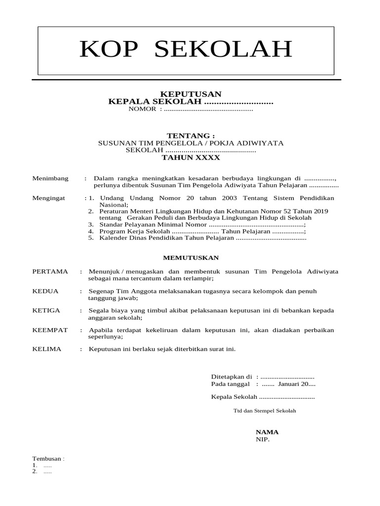 Contoh Sk Pokja Adiwiyata Sekolah | PDF