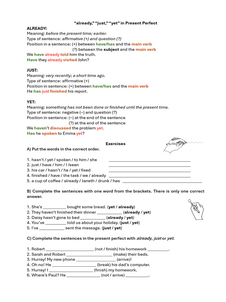 Present Perfect: Just, Already, Yet Exercises | PDF