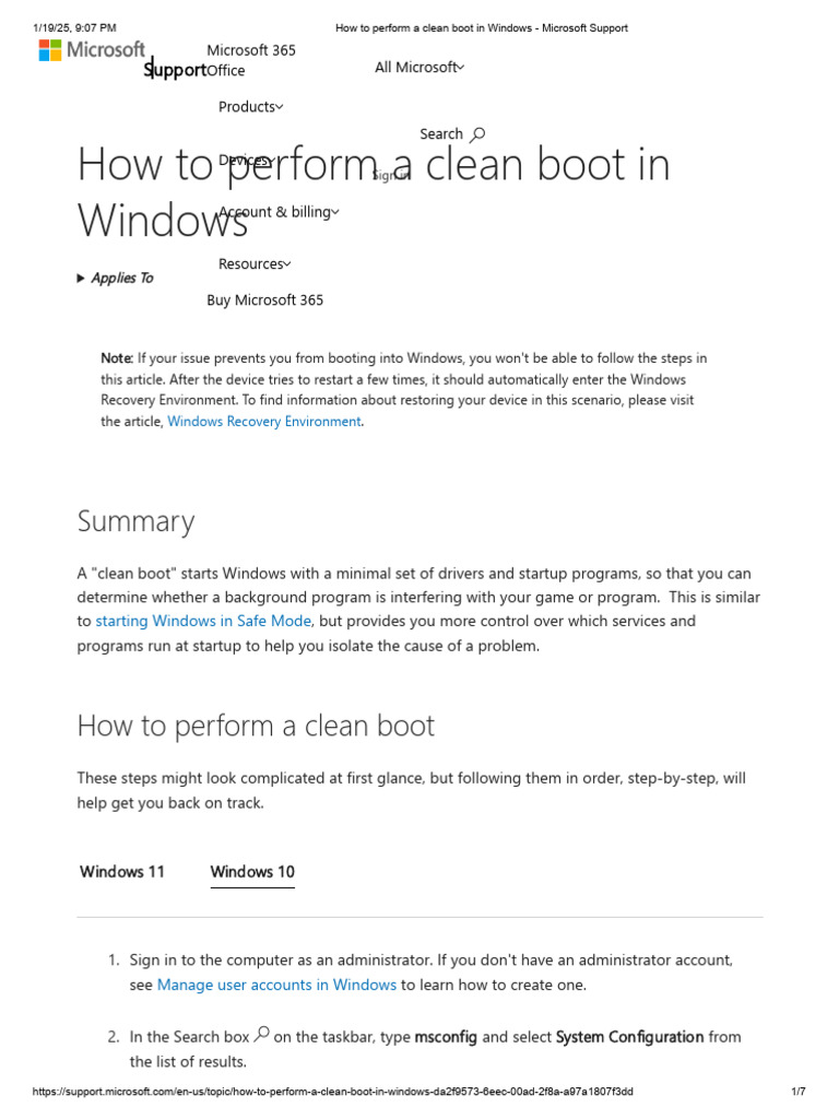 How to perform a clean boot in Windows - Microsoft Support | PDF ...