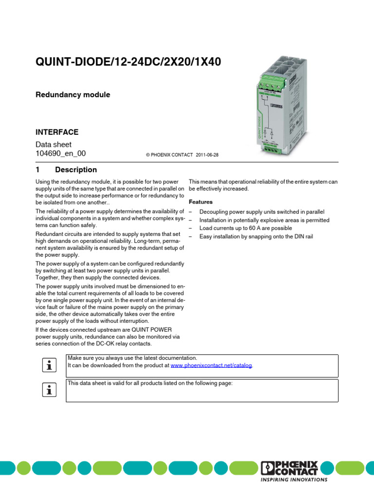 QUINT-DIODE/12-24DC/2X20/1X40: Redundancy Module | PDF | Power Supply ...