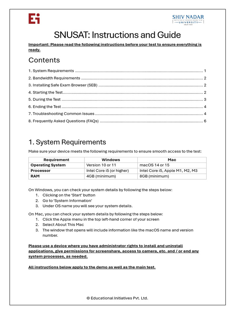 SNUSAT Exam Instructions and Guide | PDF | Installation (Computer ...
