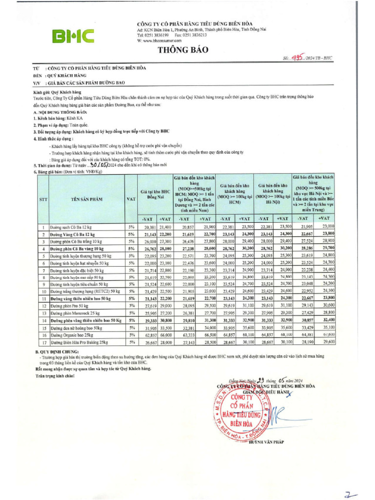 Giá Bán Đư NG Bao - Kênh KA - Áp D NG 30.05.2024 | PDF