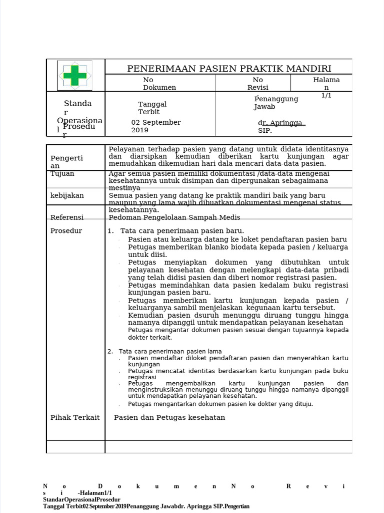 PDF Sop Penerimaan Pasien Praktik Mandiri | PDF