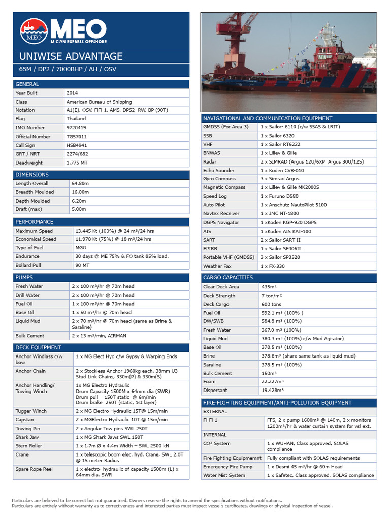 65m DP2 OSV UNIWISE ADVANTAGE Specs | PDF | Shipping | Watercraft
