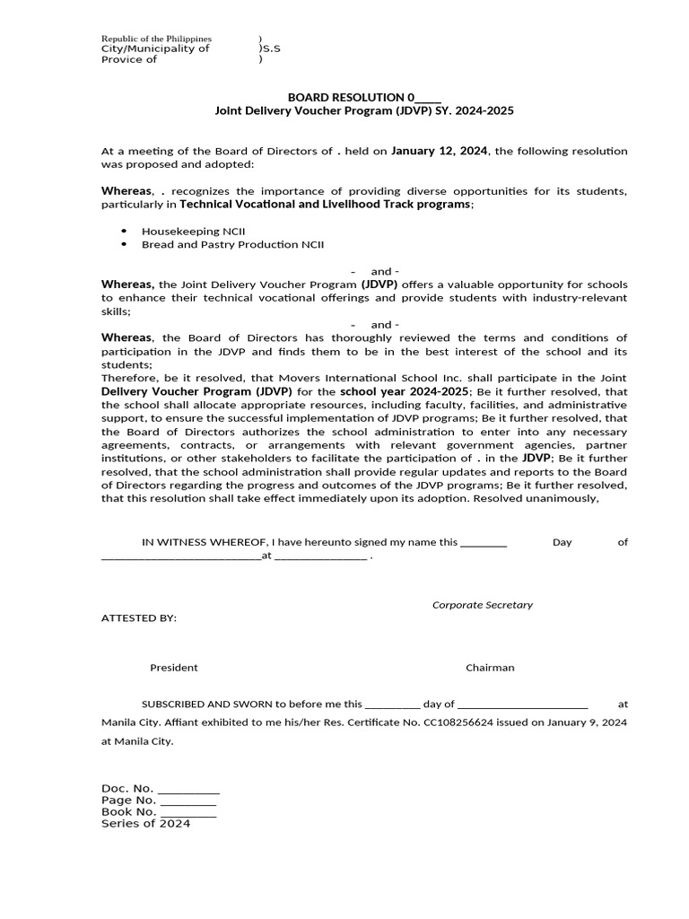 JDVP Board Resolution | PDF