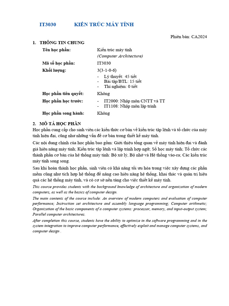 De Cuong IT3030-2024 Kien Truc May Tinh | PDF