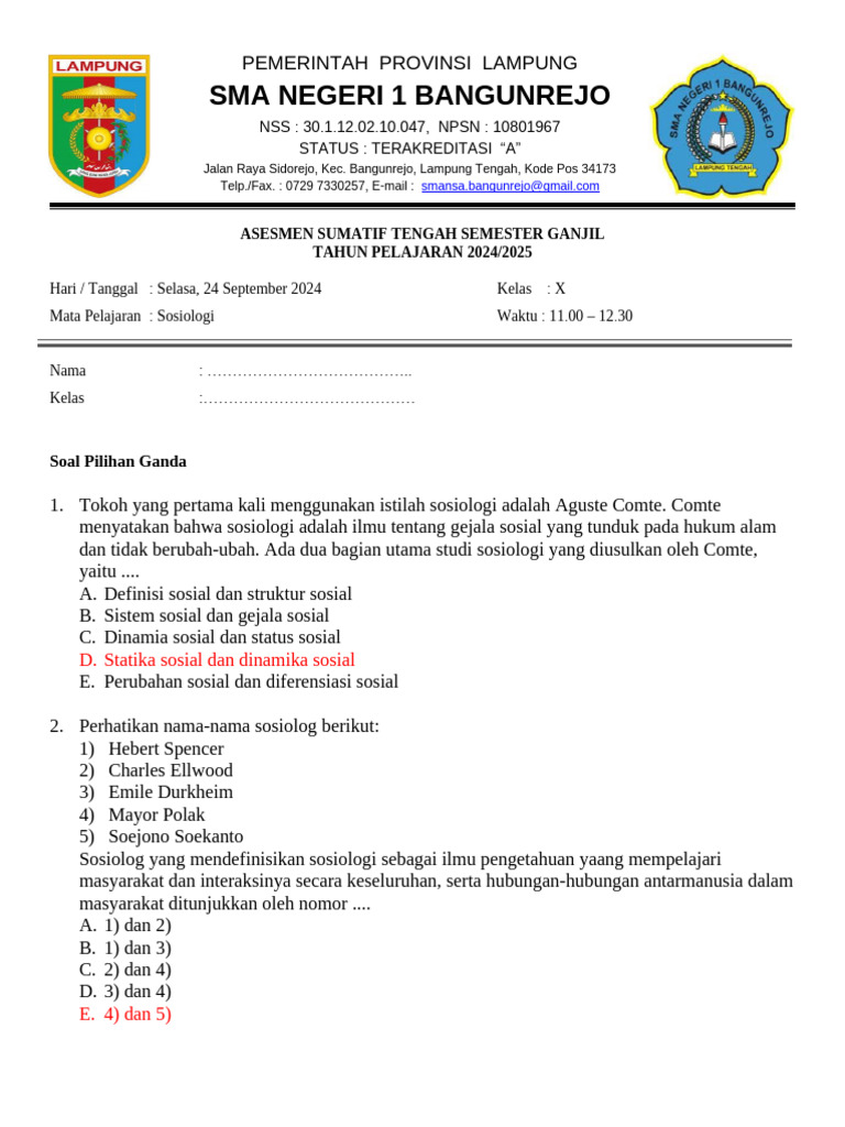 SOAL ASTS Ganjil SOSIOLOGI KELAS X 2024 | PDF