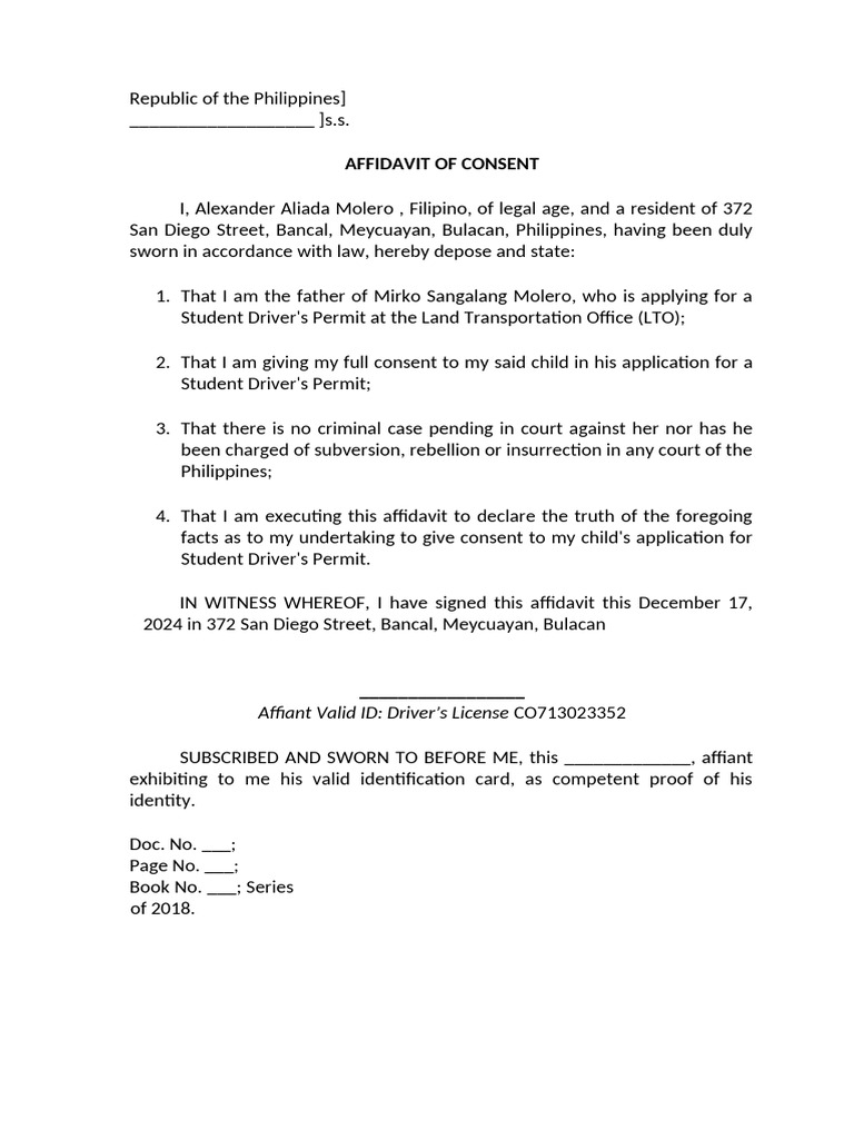 Affidavit of Consent LTO Student Permit Blank Form | PDF