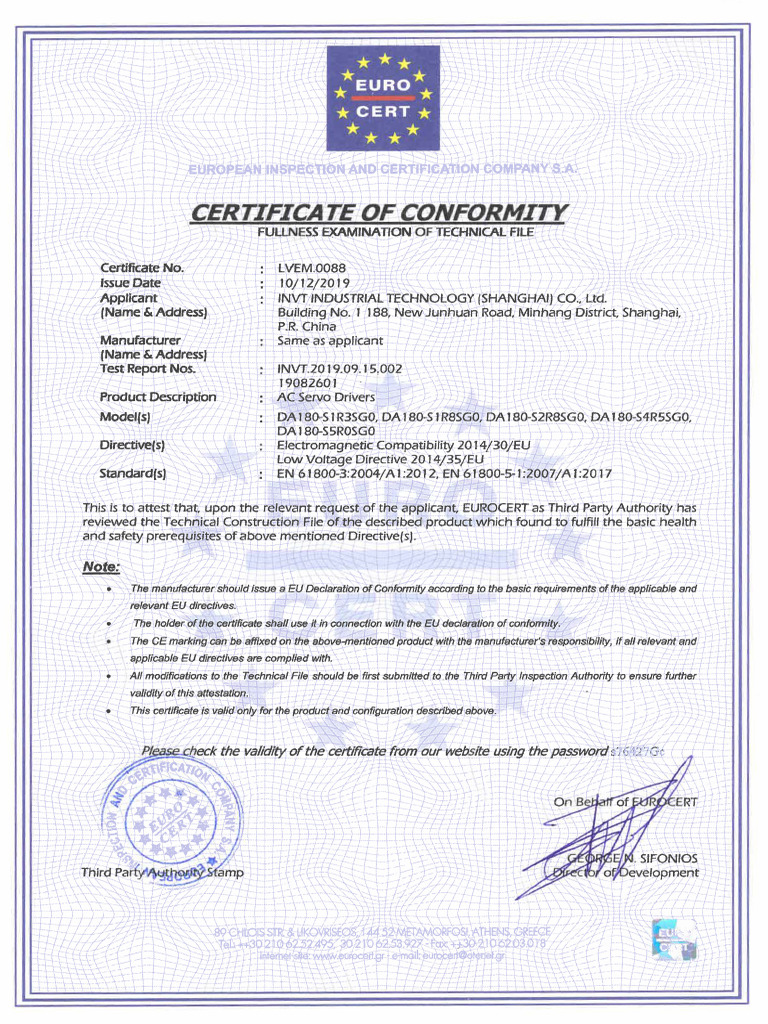 DA180 Certificate of Conformity | PDF
