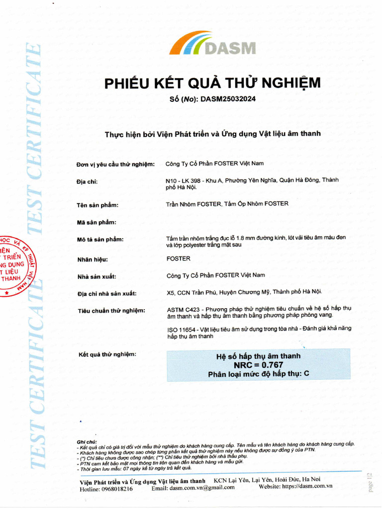 Cty Foster - Hệ số hấp thụ âm thanh trong phòng vang theo C423 | PDF