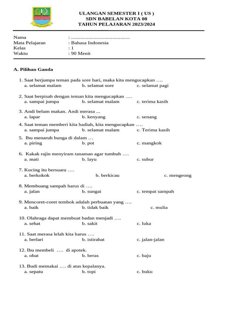 Soal Uas Sem 1 KLS 1 PKN MTK Bindo SBDP | PDF