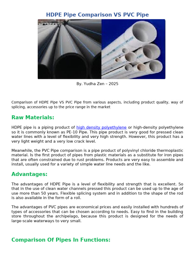HDPE Pipe Comparison VS PVC Pipe | PDF | Pipe (Fluid Conveyance) | Polyethylene