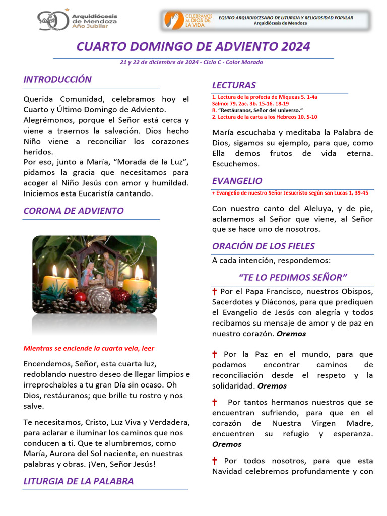 Cuarto Domingo de Adviento 2024 | PDF | eucaristía | María, madre de Jesús