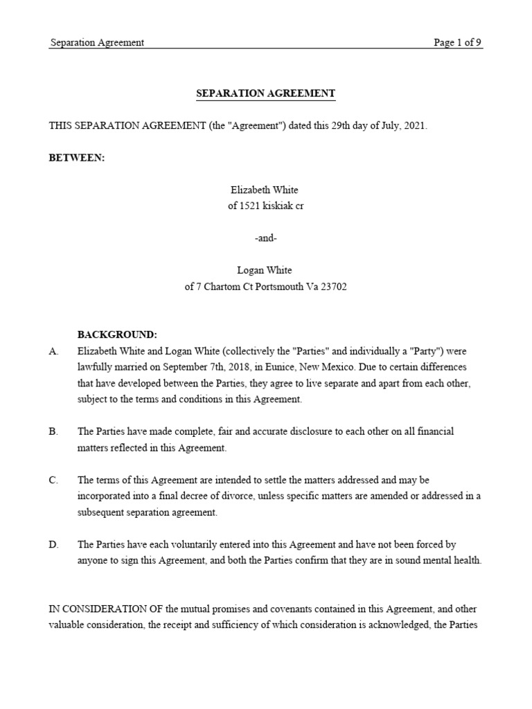 Separation Agreement | PDF | Child Support | Pension