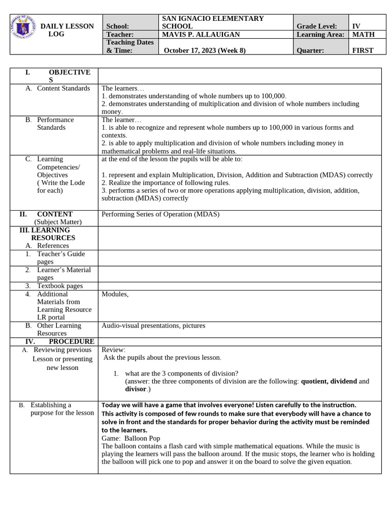 CLASSROOM OBSERVATION-MATH | PDF | Division (Mathematics) | Learning